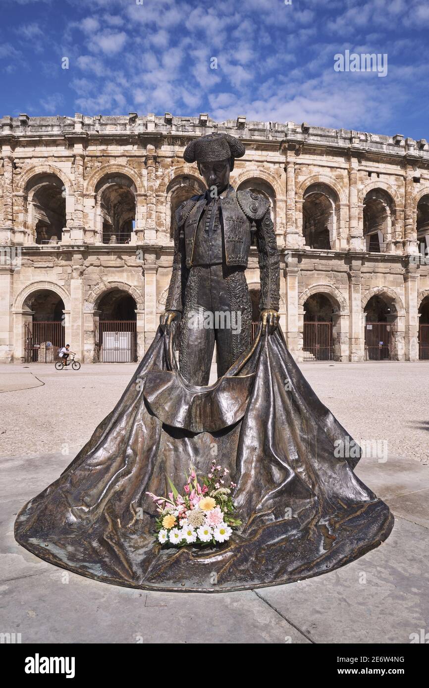 France, Gard, Nimes, square of the Arena, bronze statue of matador ...