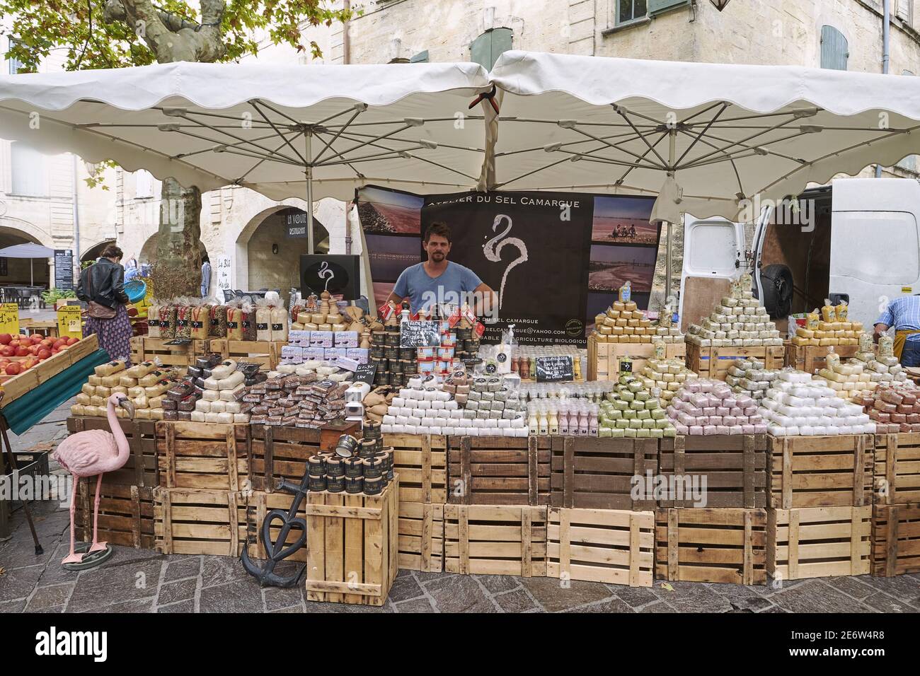 France, Gard, Uzes, market on the Place aux Herbes, saller of Camargue ...