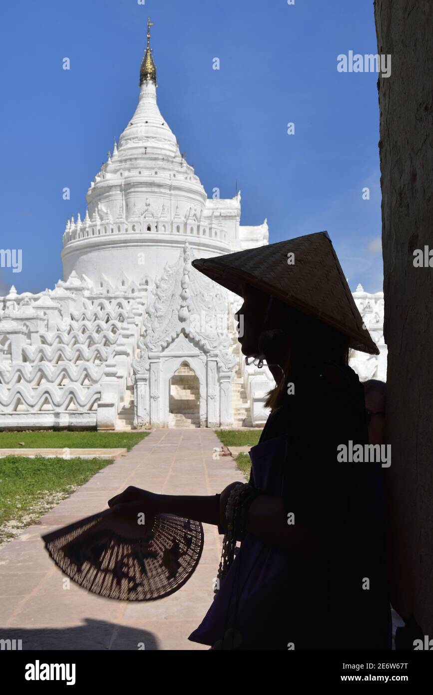 Myanmar (Burma), Sagaing region, Mingun, Hsinbyume pagoda, Fan vendor ...