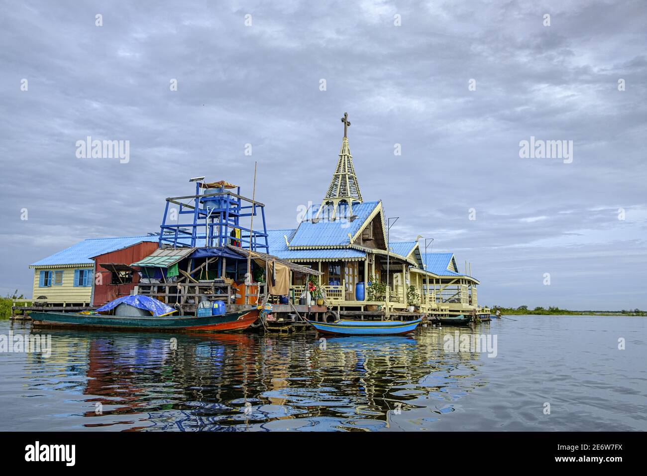 Cambodia, Kampong Cham province, Kampong Cham or Kompong Cham, floating village with a khmer and ...