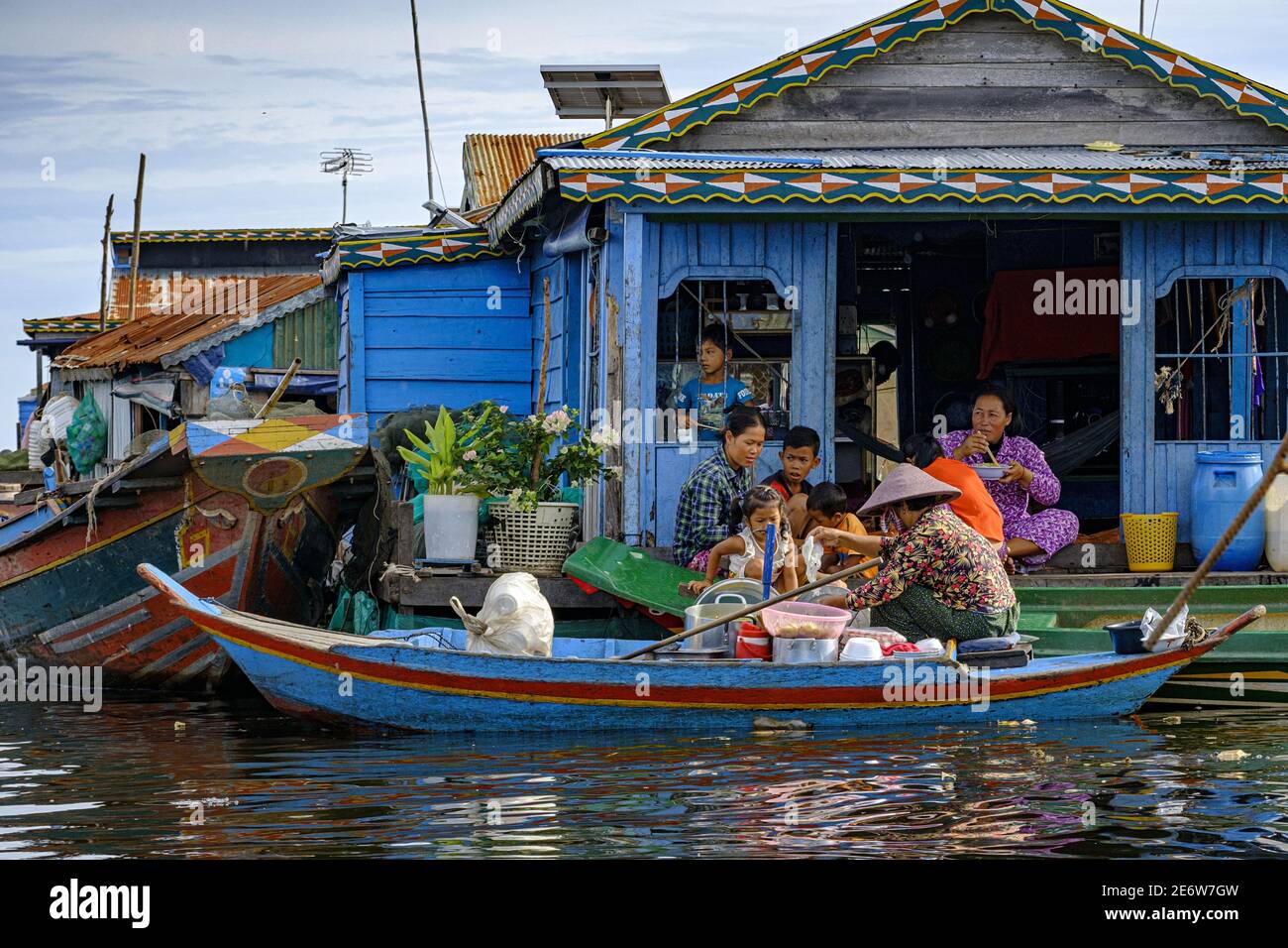 Cambodia, Kampong Cham province, Kampong Cham or Kompong Cham, floating village with a khmer and ...