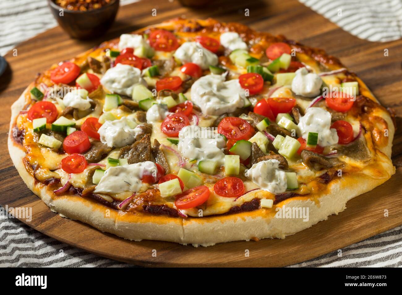 Homemade Greek Gyro PIzza with Tzatziki Sauce Stock Photo - Alamy