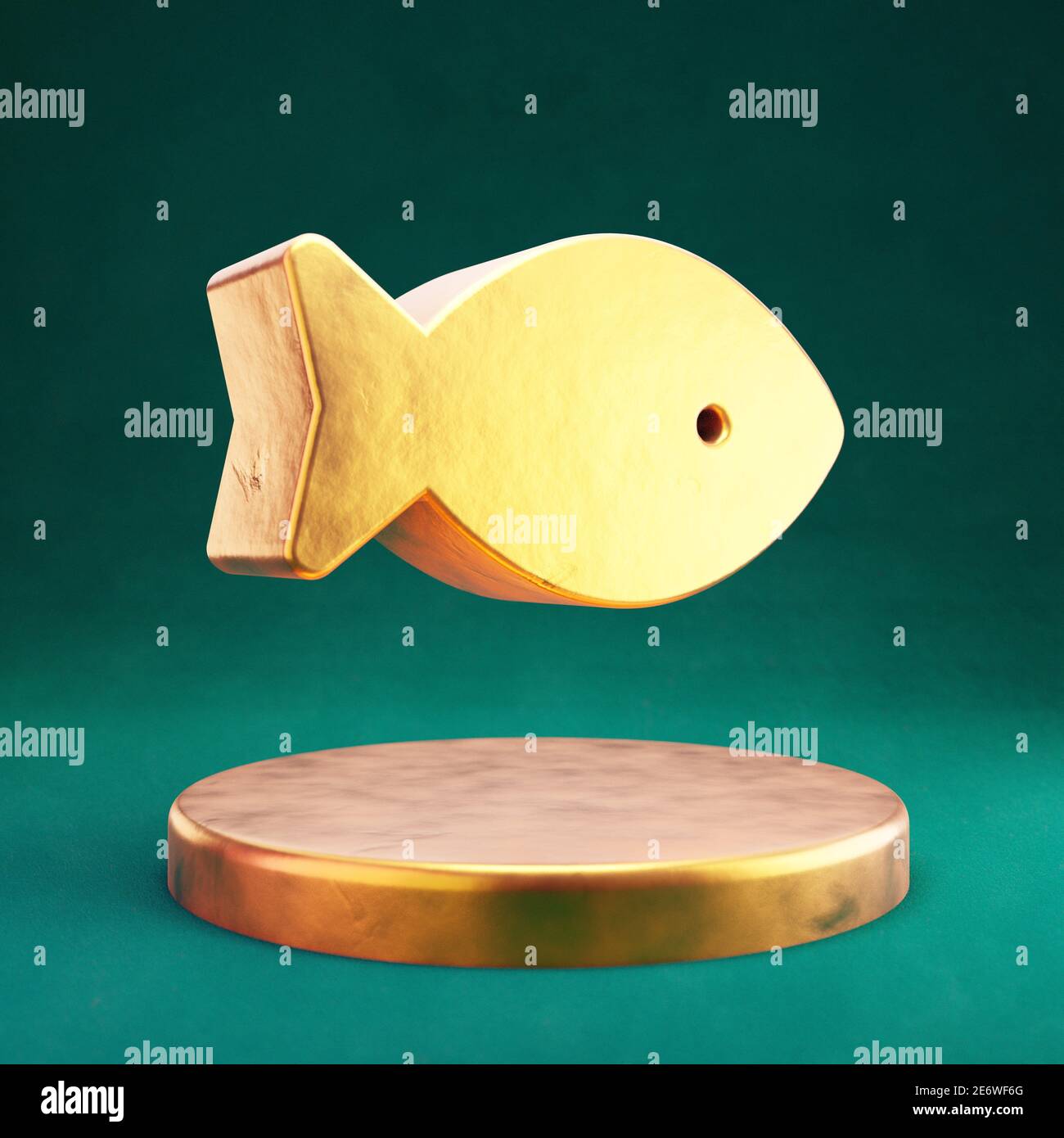Fish icon. Fortuna Gold Fish symbol on golden podium Stock Photo - Alamy