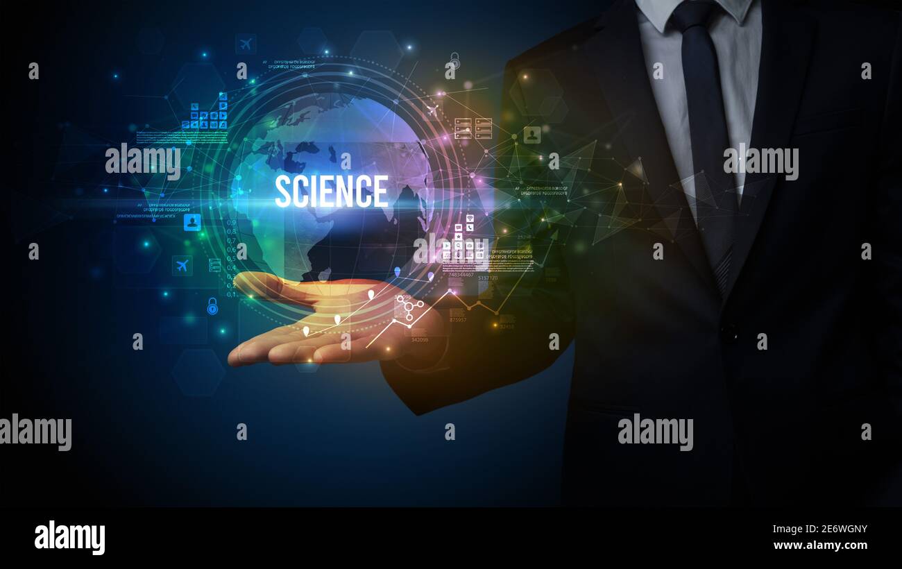 Elegant hand holding SCIENCE inscription, digital technology concept ...