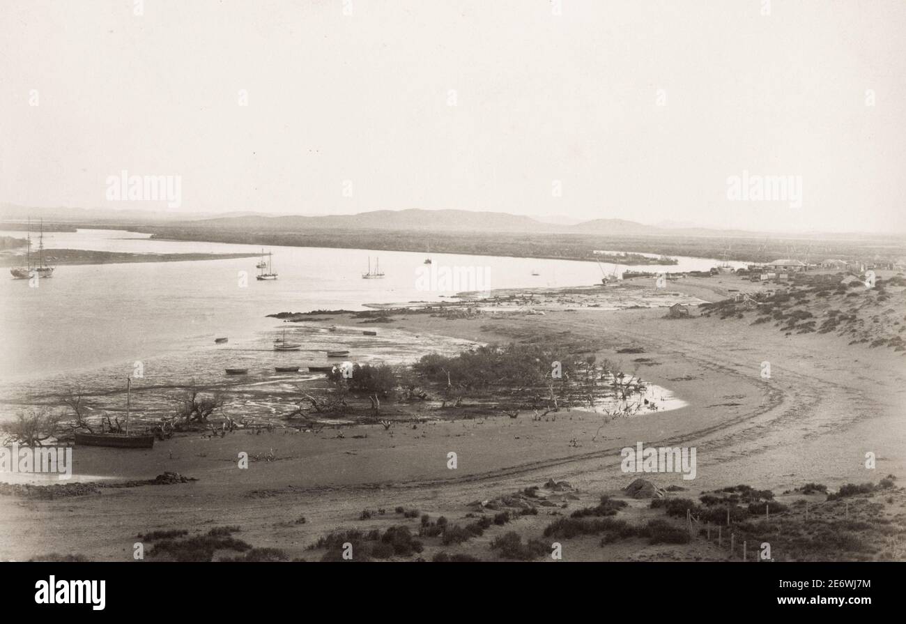 Vintage 19th century photograph: boats tied up on the water, Cossack ...