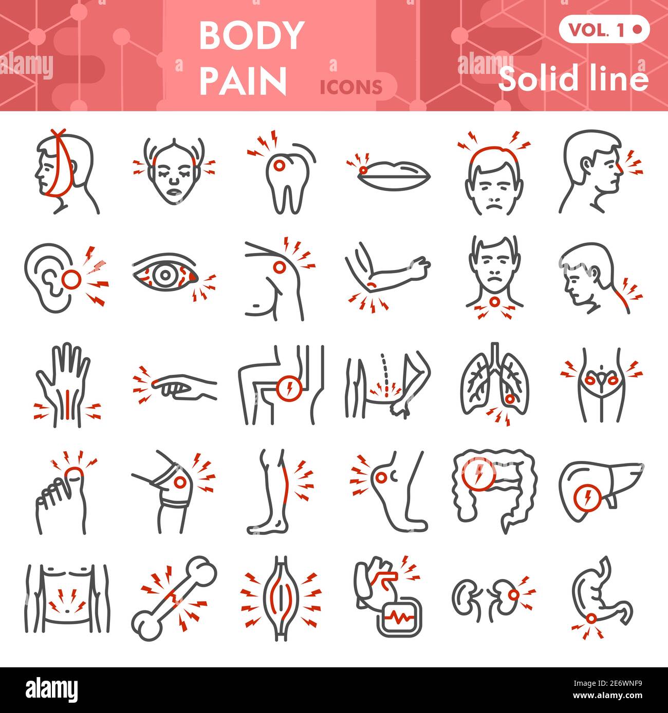 Body pain line icon set, Pain in human body symbols collection or ...