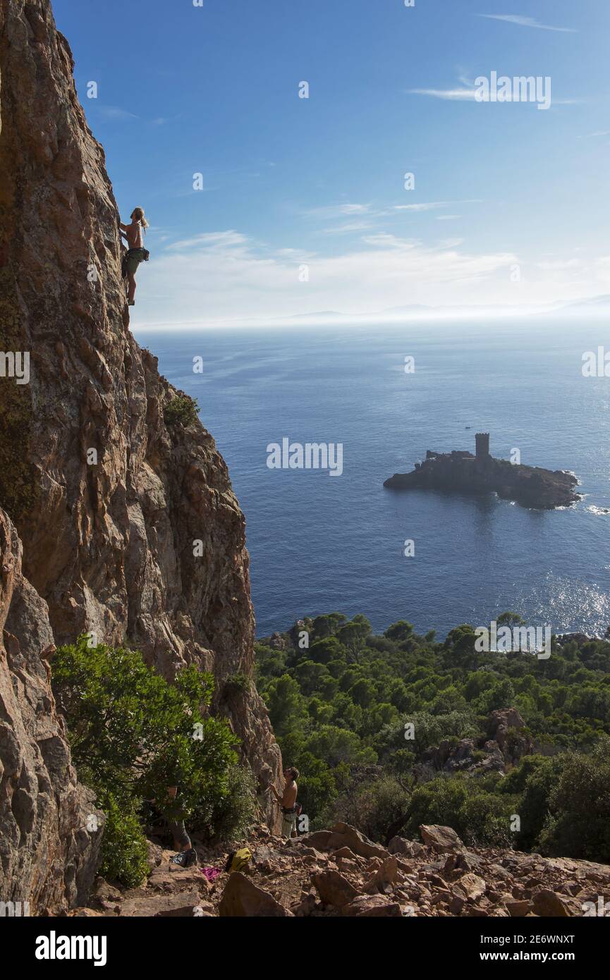 France, Var, Saint Raphael, climbing to the rock of Dramont and the ...