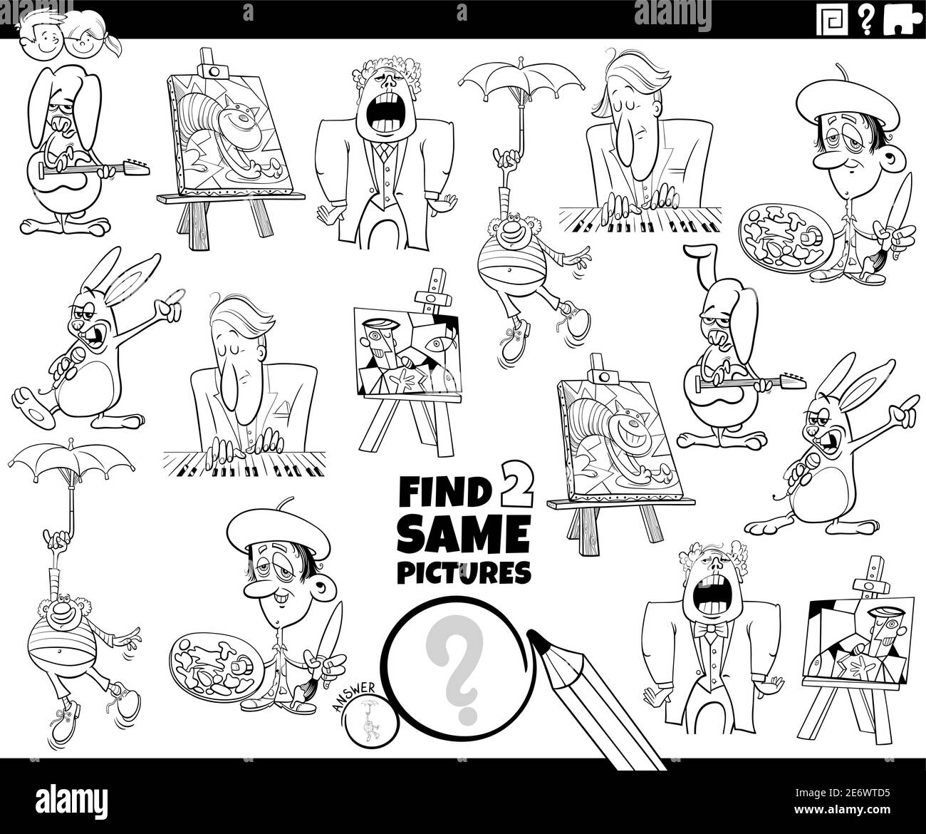 Black and white cartoon illustration of finding two same pictures ...