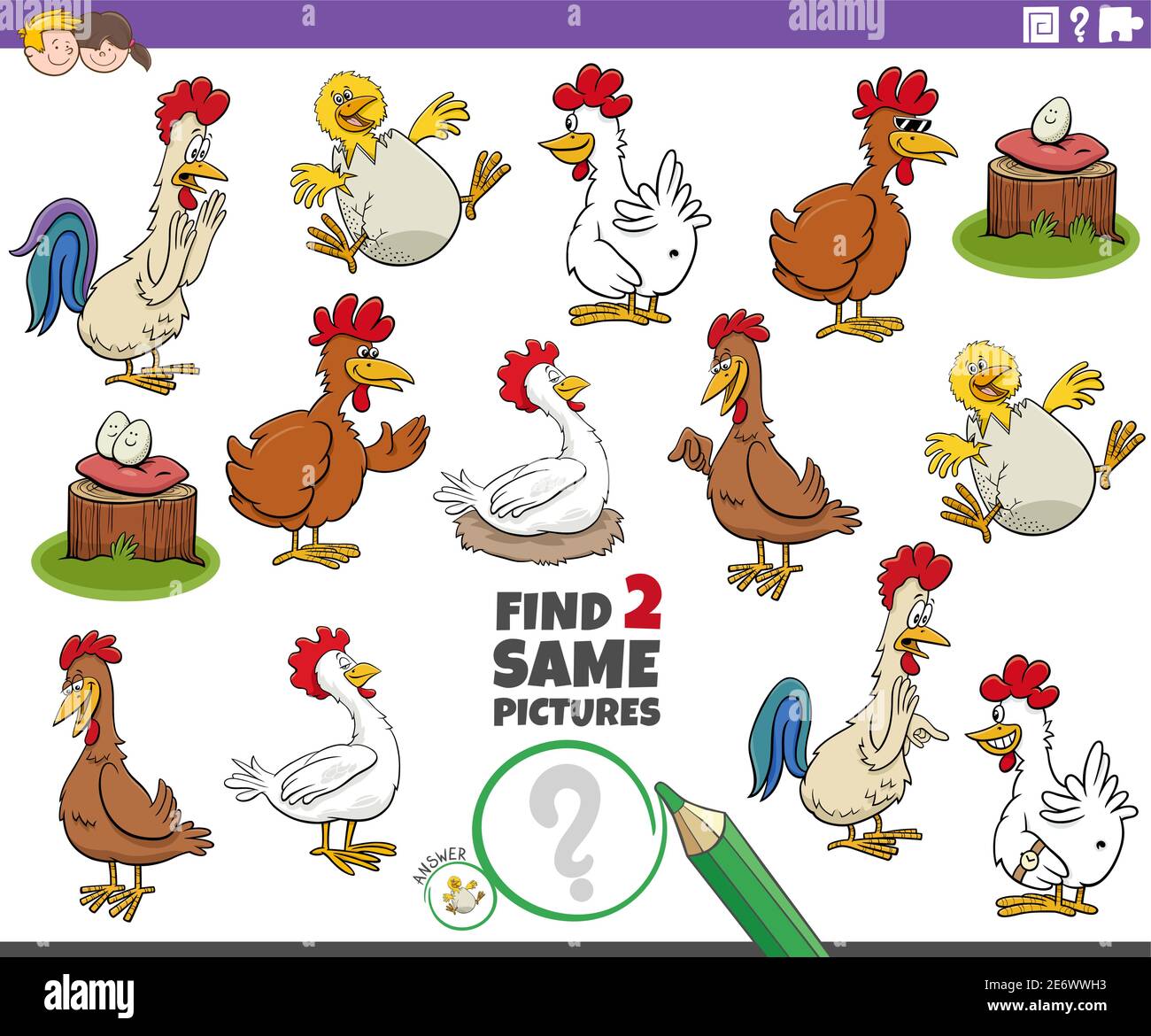 Cartoon illustration of finding two same pictures educational task with ...