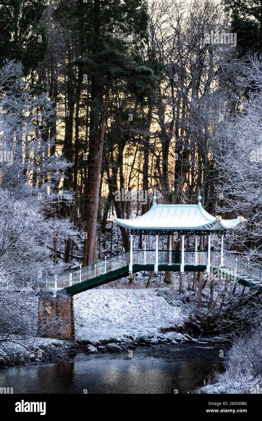 Japanese bridge at Auchinleck estate in Scotland with snow Stock Photo ...