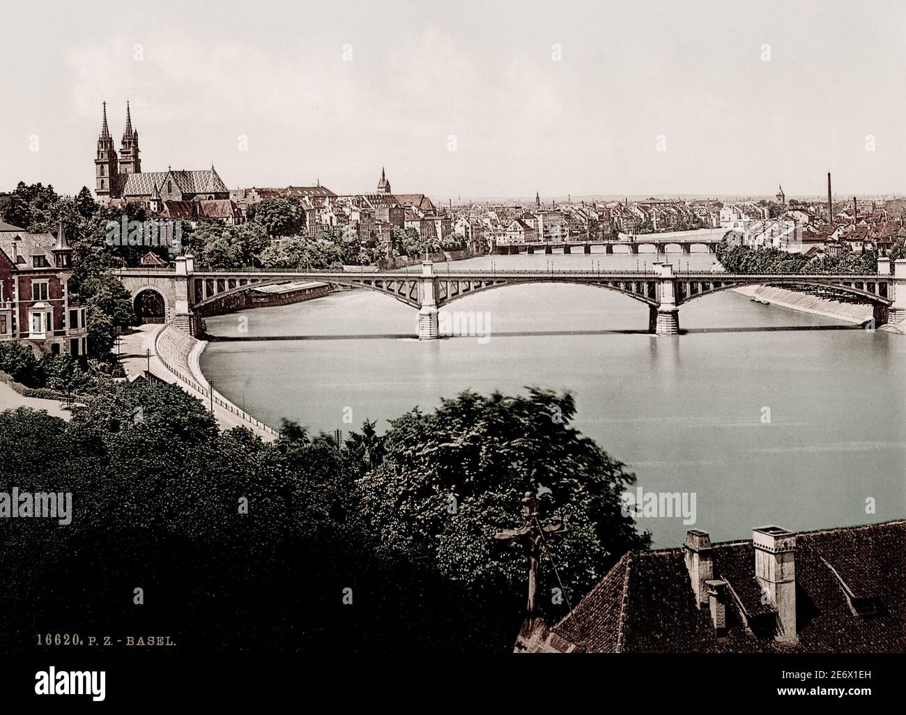Vintage 19th century / 1900 photograph: Basel, Switzerland, city river ...