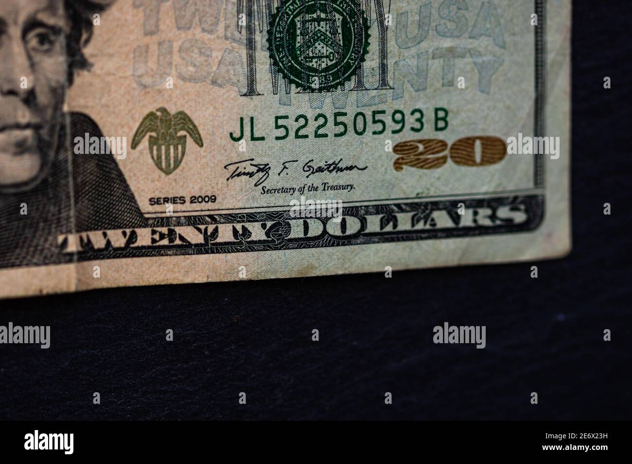 Selective focus on detail of 20 dollars banknote. Close up macro detail ...