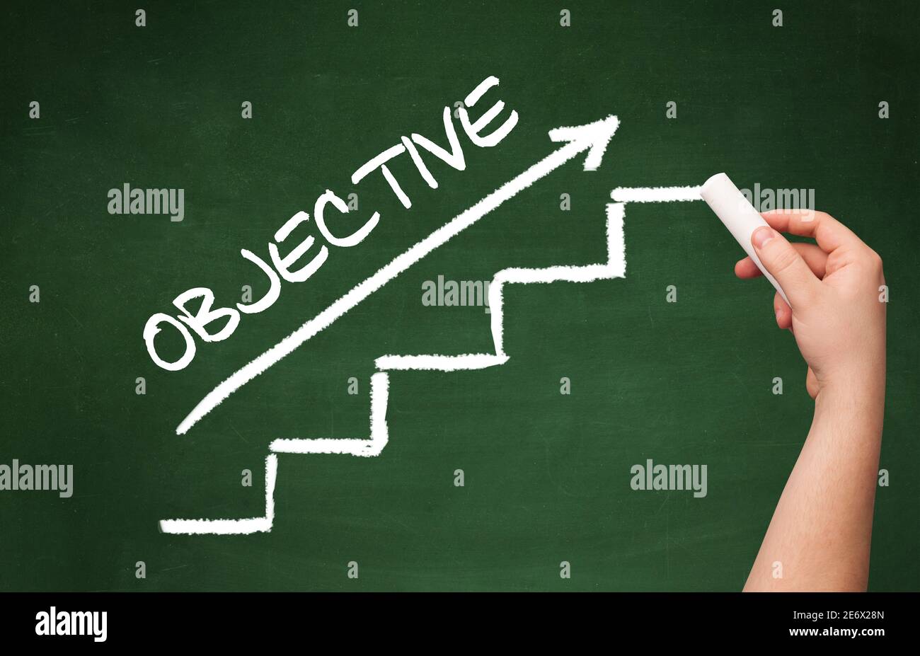 Hand drawing OBJECTIVE inscription with white chalk on blackboard ...