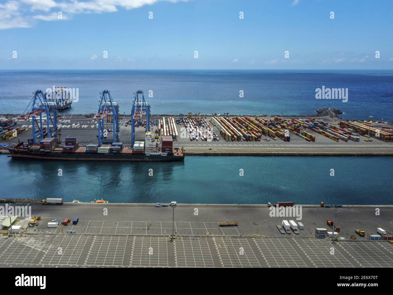 France, Reunion Island, Le Port,Freight port, quayside boat, containers ...