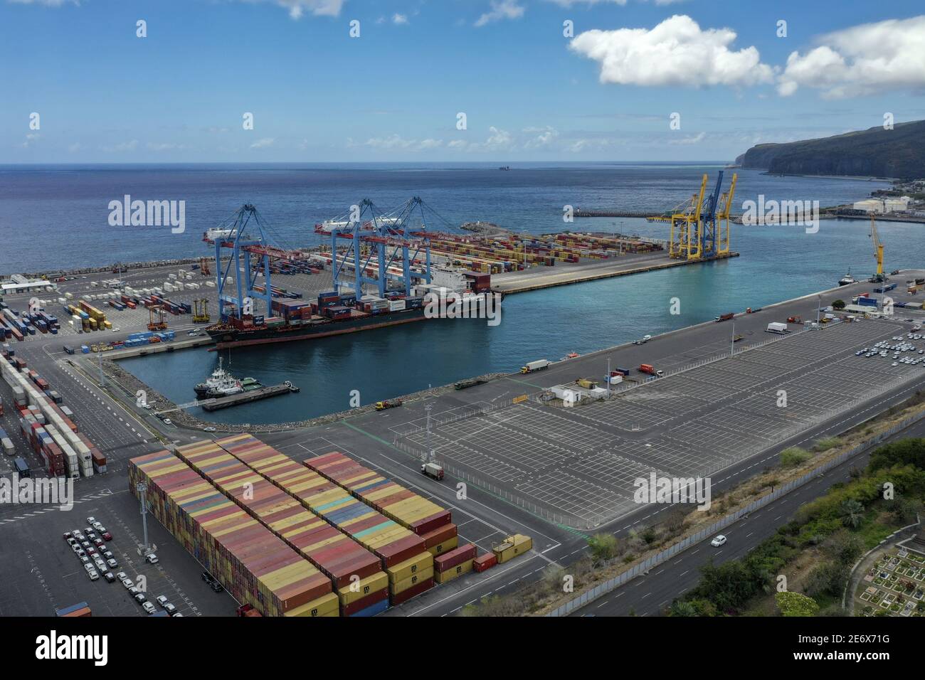 France, Reunion Island, Le Port,Freight port, quayside boat, containers ...