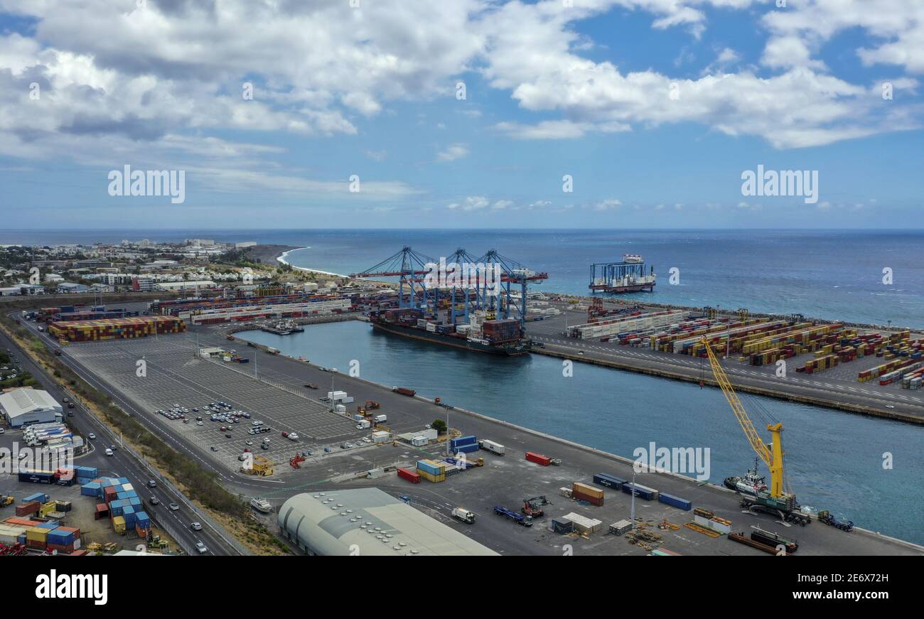 France, Reunion Island, Le Port,Freight port, quayside boat, containers ...