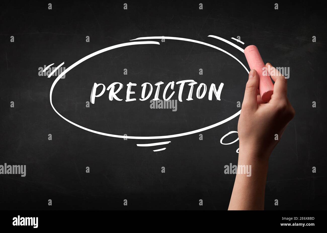 Hand drawing PREDICTION inscription with white chalk on blackboard ...