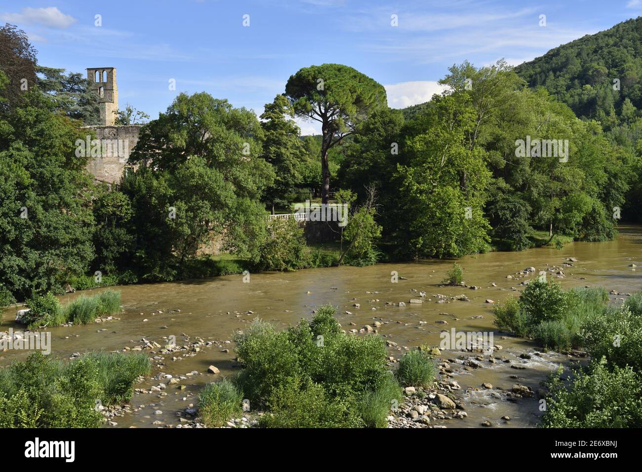 France, Aude, Alet-les-Bains, Aude river and ruins of Notre-Dame abbey ...