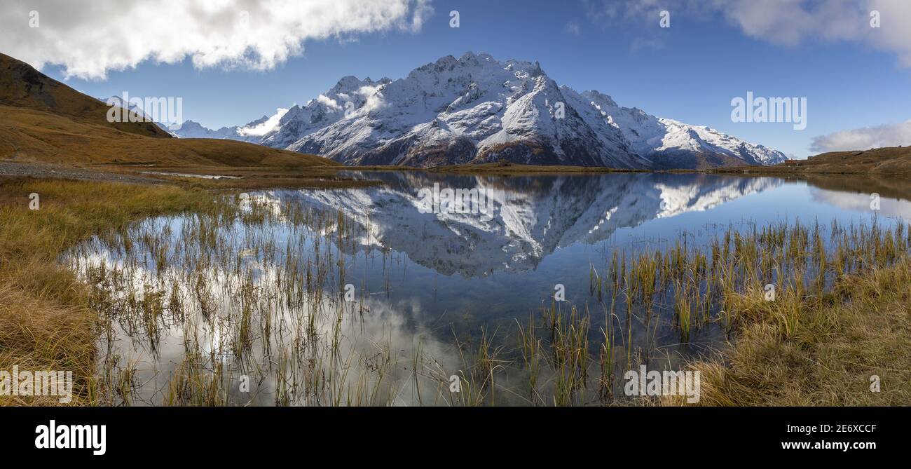 France, Hautes-Alpes, La Grave massif of Oisans, panorama of the lake ...
