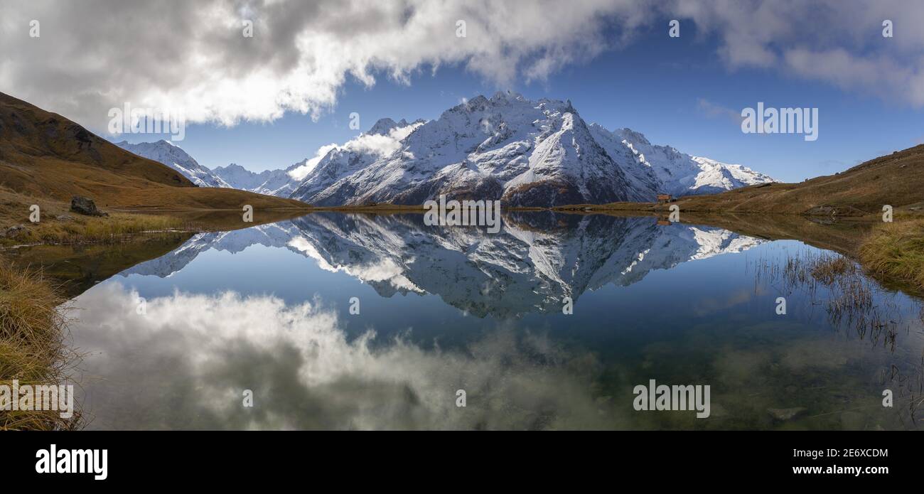 France, Hautes-Alpes, La Grave massif of Oisans, panorama of the lake ...