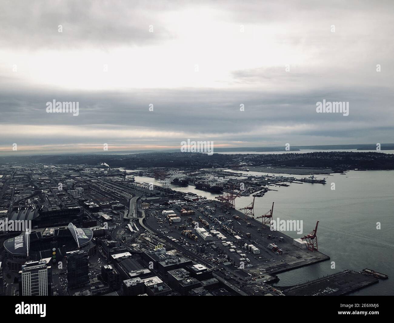 Aerial view of twilight and night scene of downtown Seattle, Washington ...