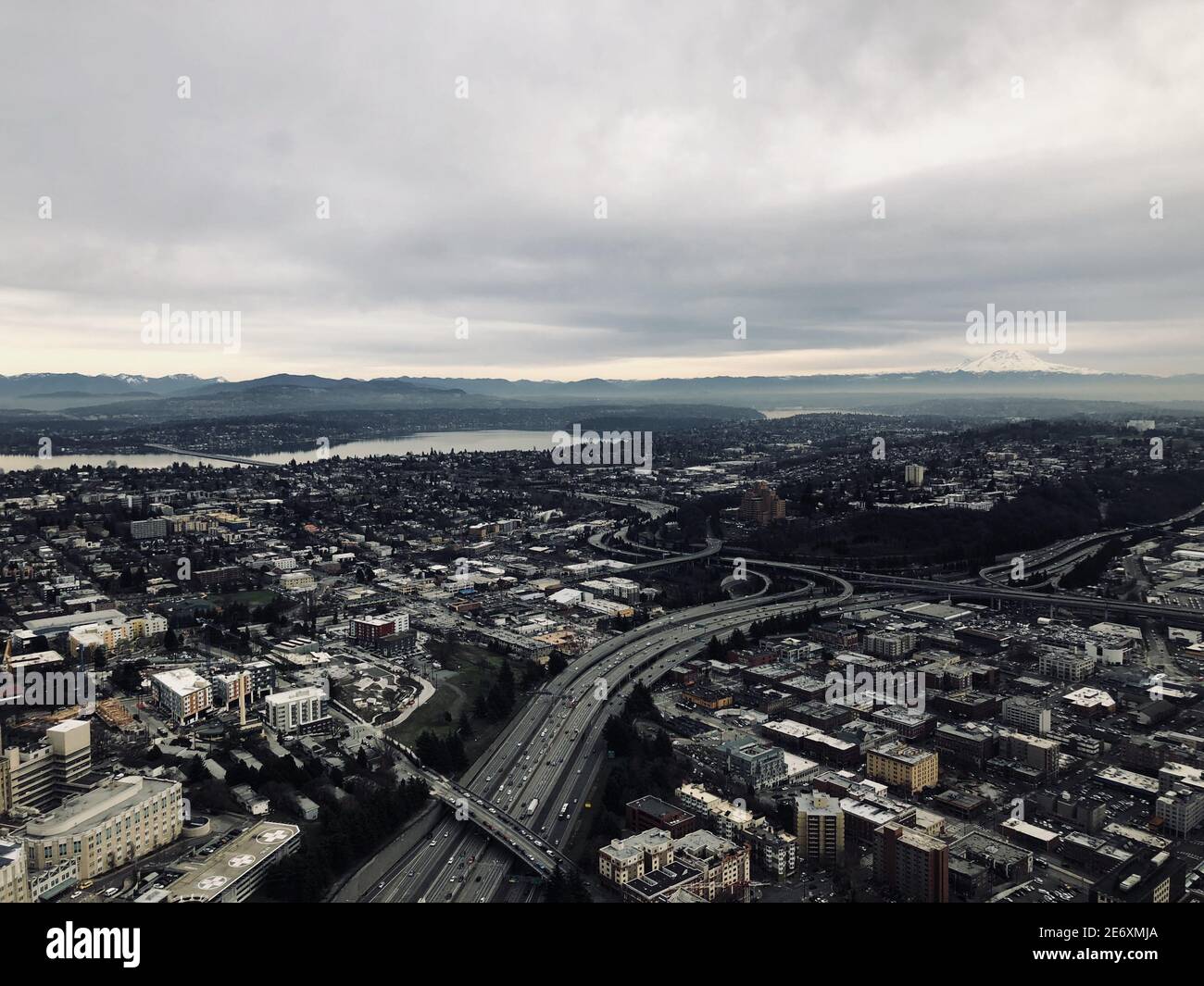 Aerial view of twilight and night scene of downtown Seattle, Washington ...