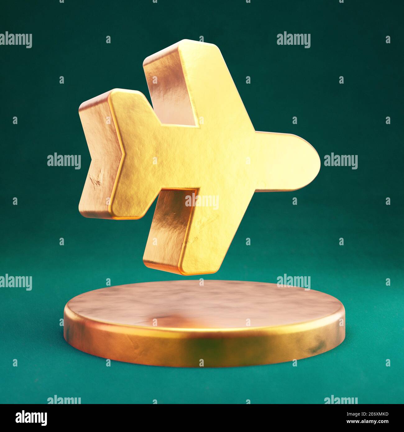 Plane icon. Fortuna Gold Plane symbol on golden podium Stock Photo - Alamy