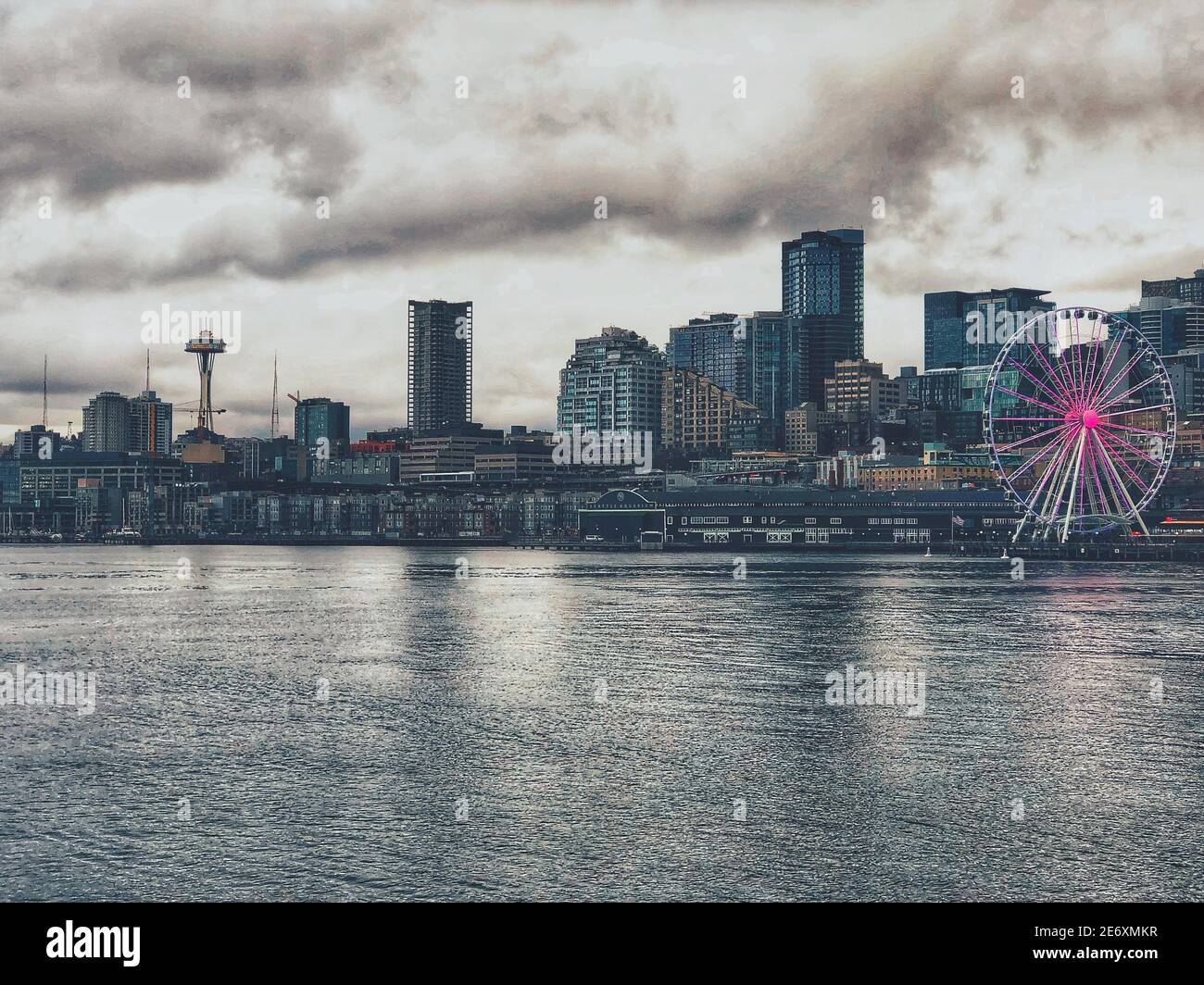 Aerial view of twilight and night scene of downtown Seattle, Washington ...