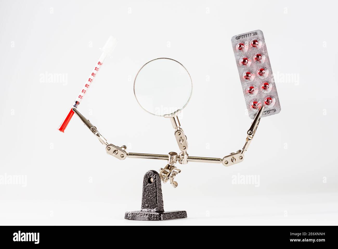 Abstract pharmaceutical background with engineering tool third hand ...