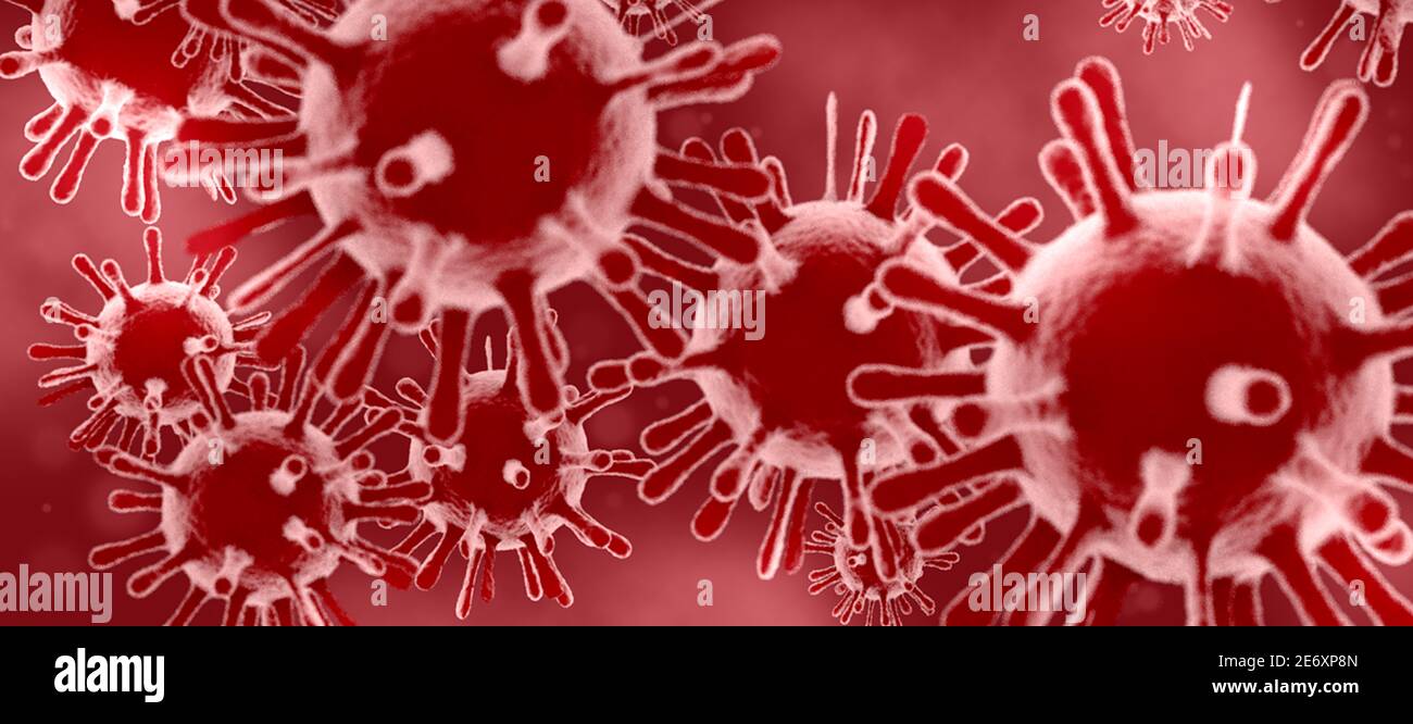 Viral bacteria or microorganisms under a microscope on a red background ...