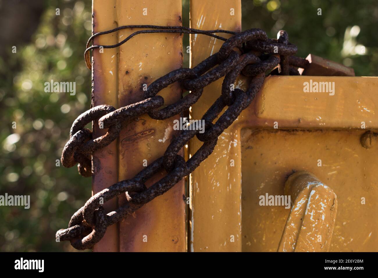 Close up view of a rusty old iron chain at a fence holding a yellow ...