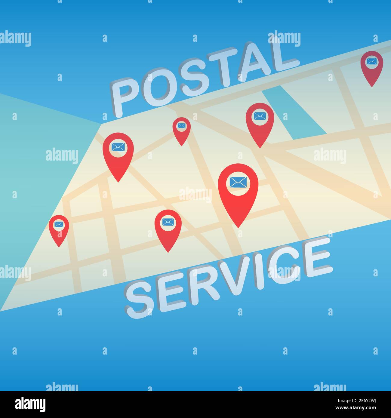 Red pins with letter symbol on a map and the text “postal service ...
