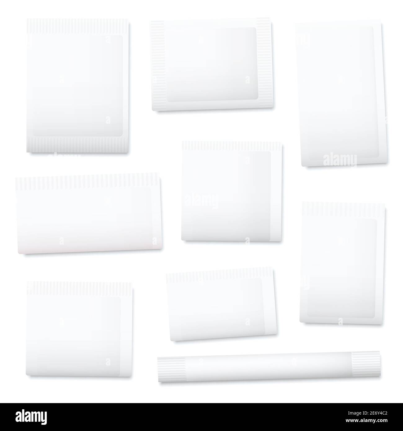 White paper sachets, unlabeled blank packaging templates for sugar ...