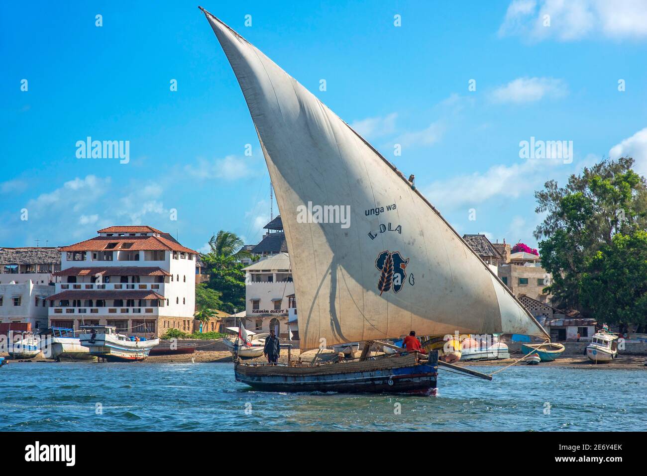 January 2020 - Dhow boat and the Lamu waterfront, Kenya, Lamu island ...