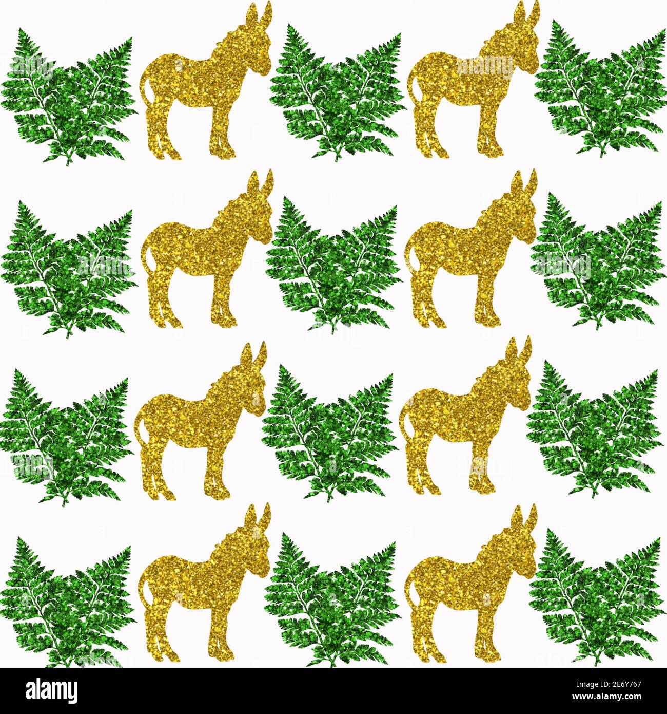 Illustration of golden donkeys and green leaf patterns on a white ...