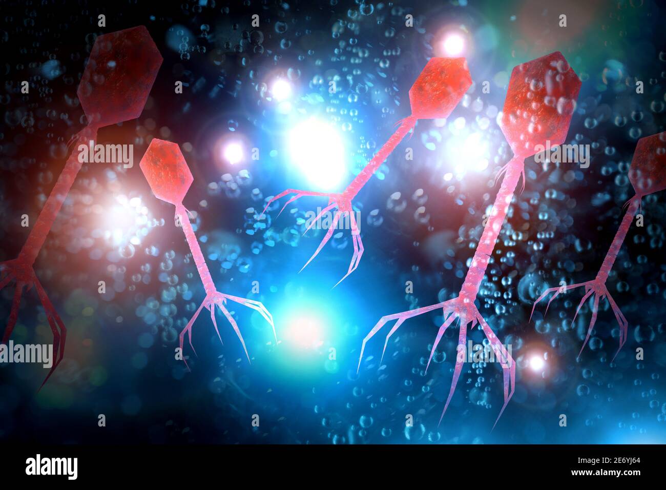 Closeup bacteriophage virus attacking bacteria cells 3D illustration ...