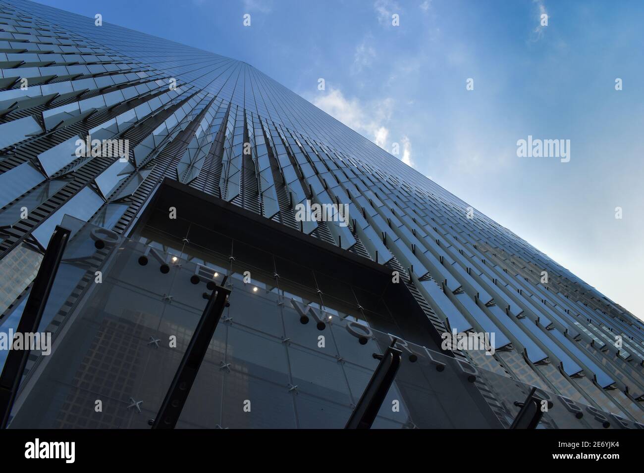 Skyward abstract view of modern skyscraper.World Trade Center is a ...