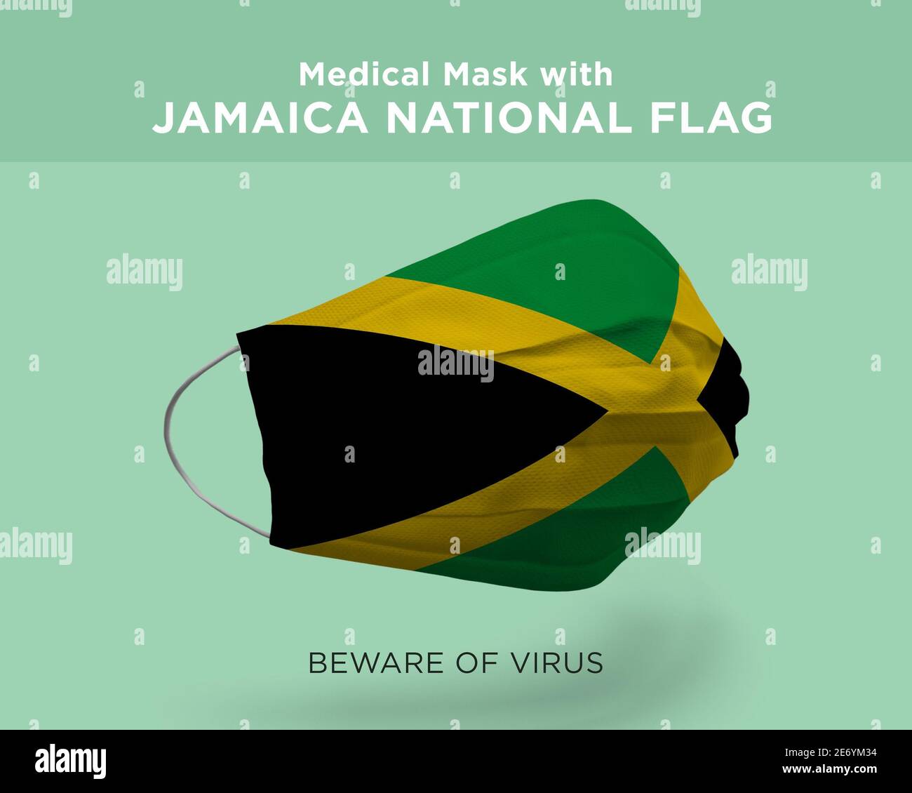 3D rendering of a face mask with Jamaica national flag on green ...