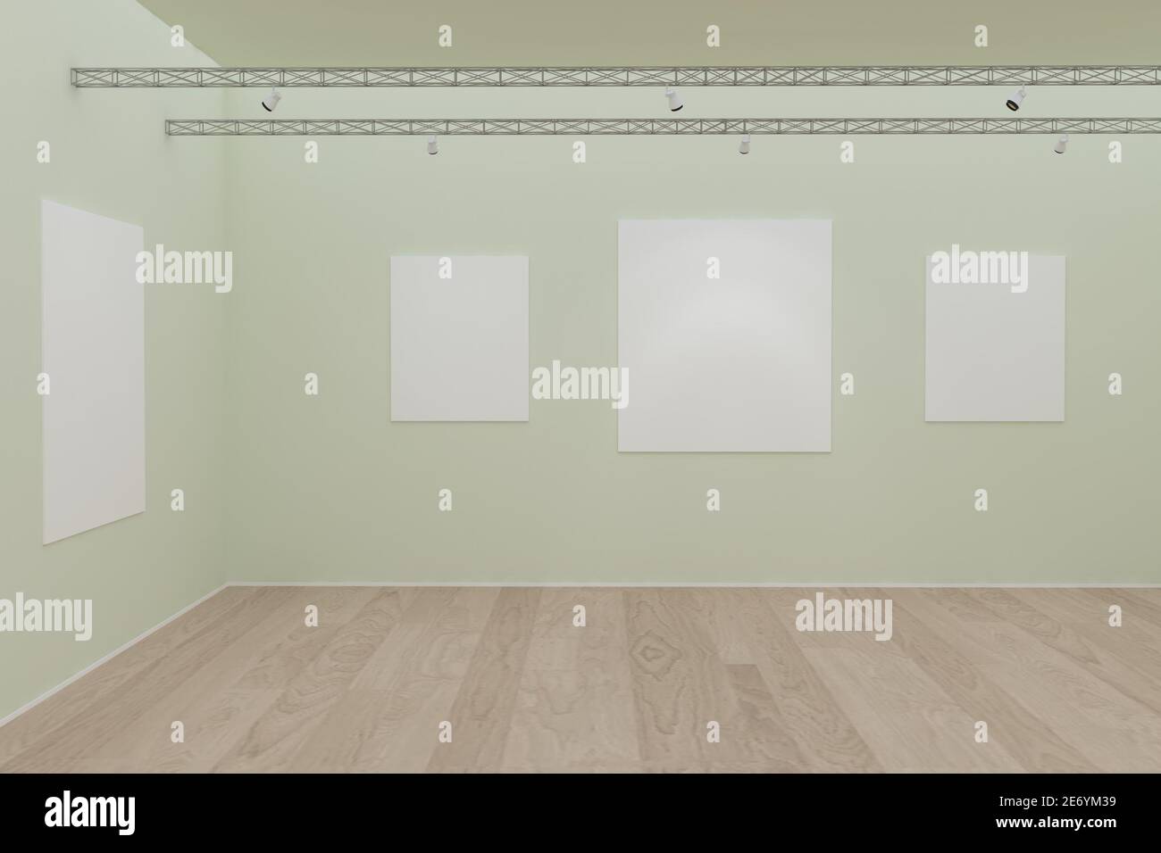 3D rendering of a gallery interior with blank frame mockups on pastel ...