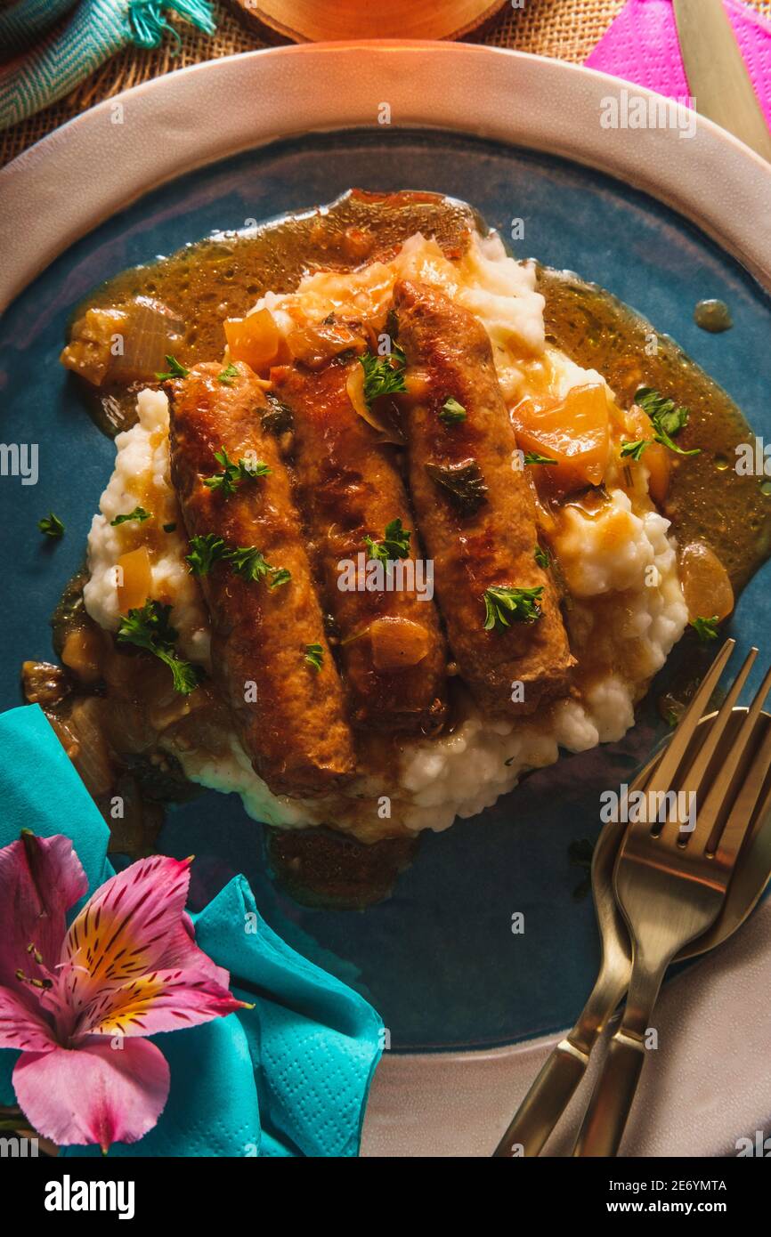 British bangers and mash sausage and mashed potatoes with onion gravy ...