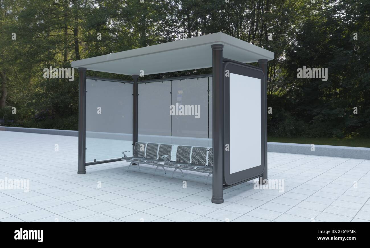 3D rendering of a public bus stop with glass walls with space for text ...
