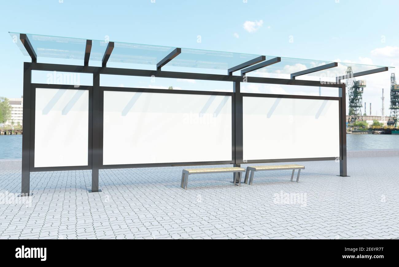 3D rendering of a public bus stop with glass walls with space for text ...