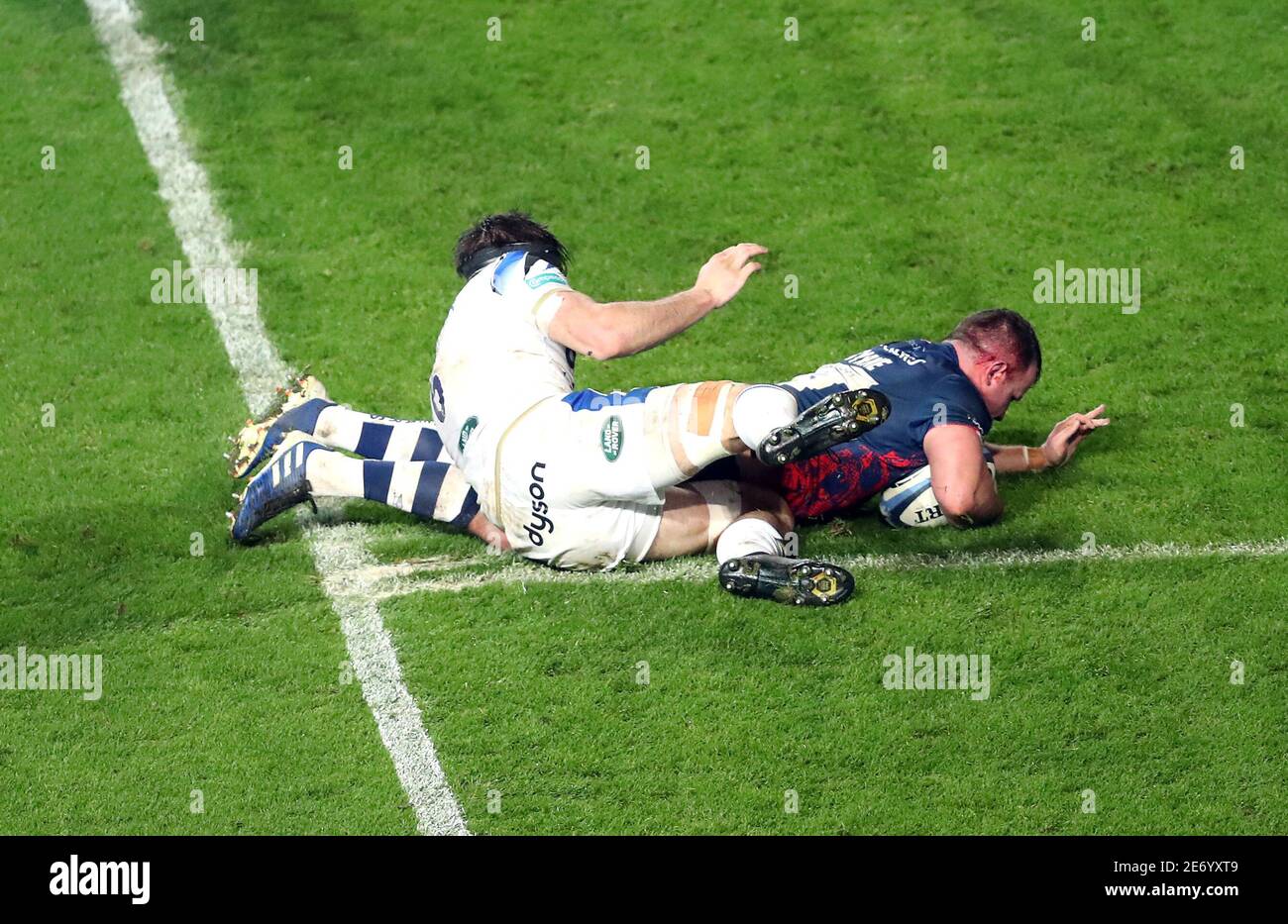 Bristol's Bryan Byrne scores their side's fourth try of the game during ...
