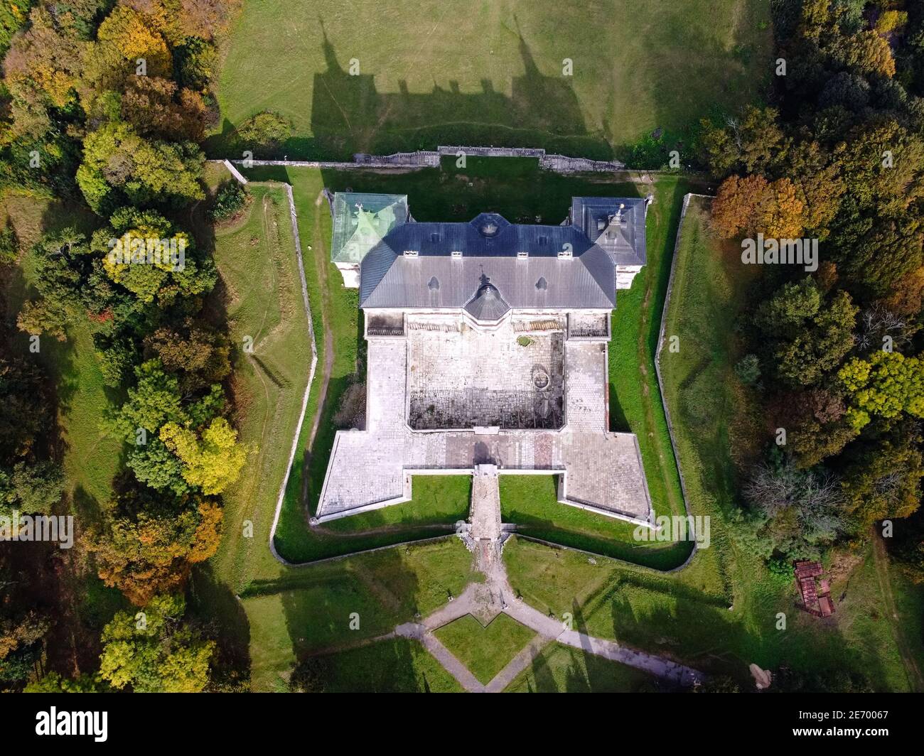 Pidhirtsi castle view from drone. Old fortress castle aerial view ...