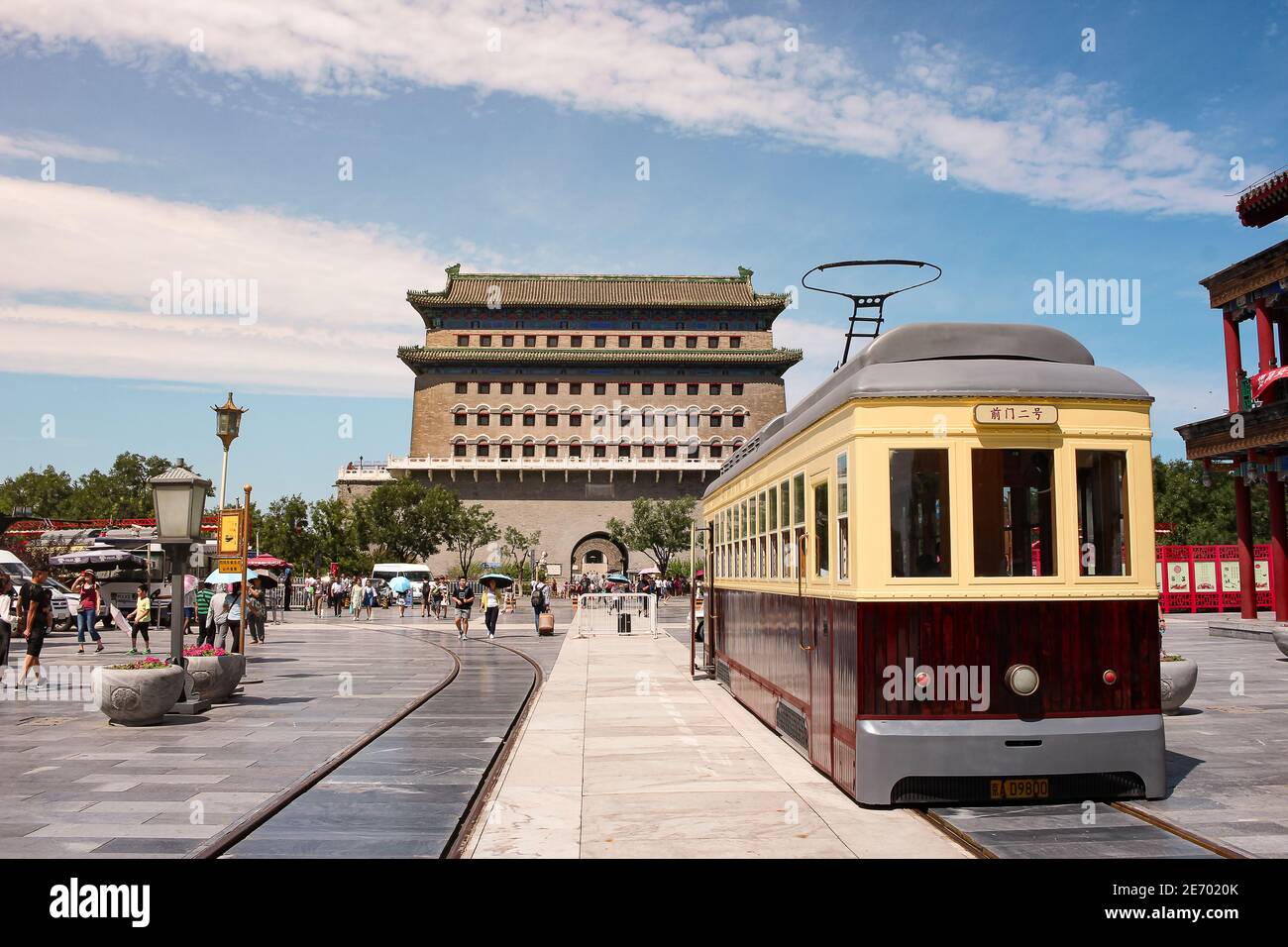 Touristic tram near historical Zhengyangmen gate in the center of ...