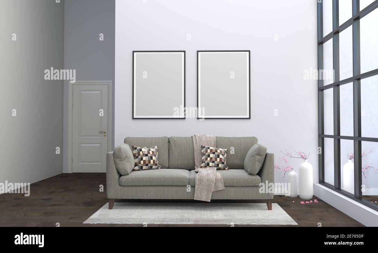 3D render of a modern living room with blank frames on the wall for ...