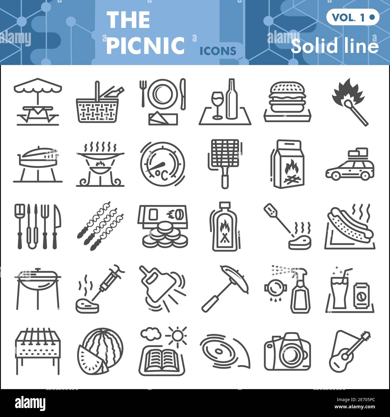 Picnic line icon set, Summer leisure symbols collection or sketches ...