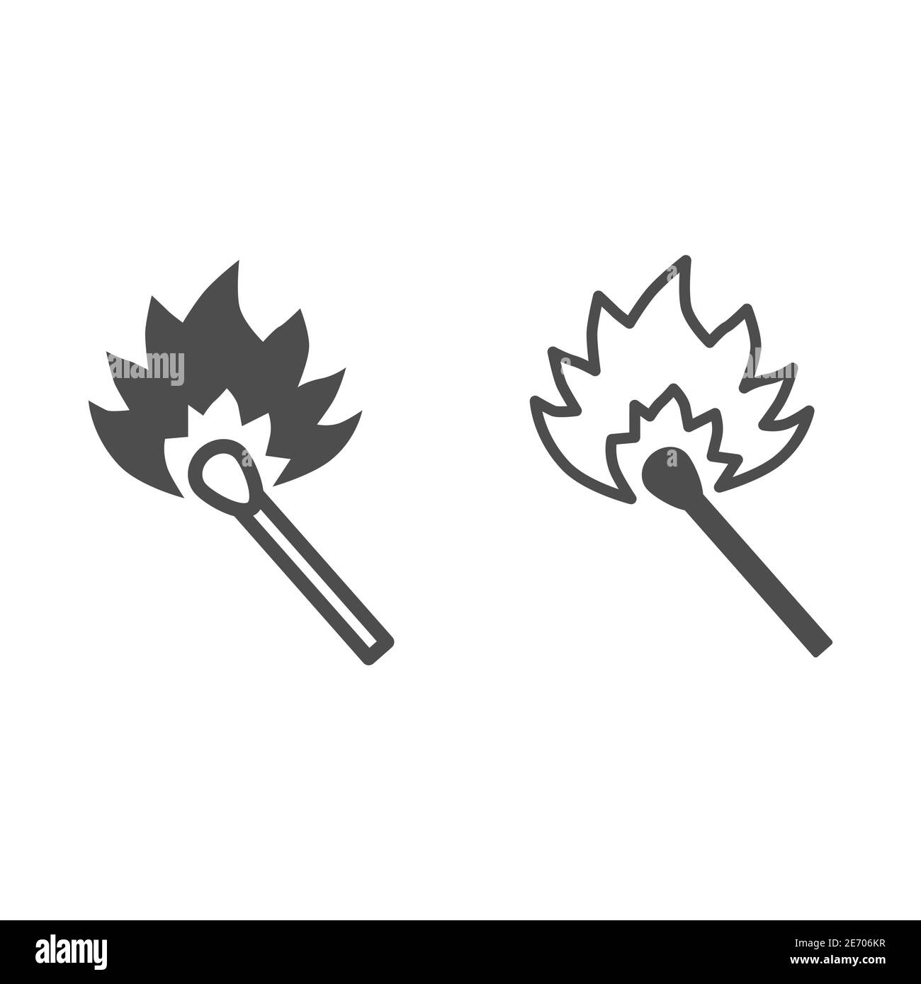 Burning match line and solid icon, picnic concept, matchstick with ...