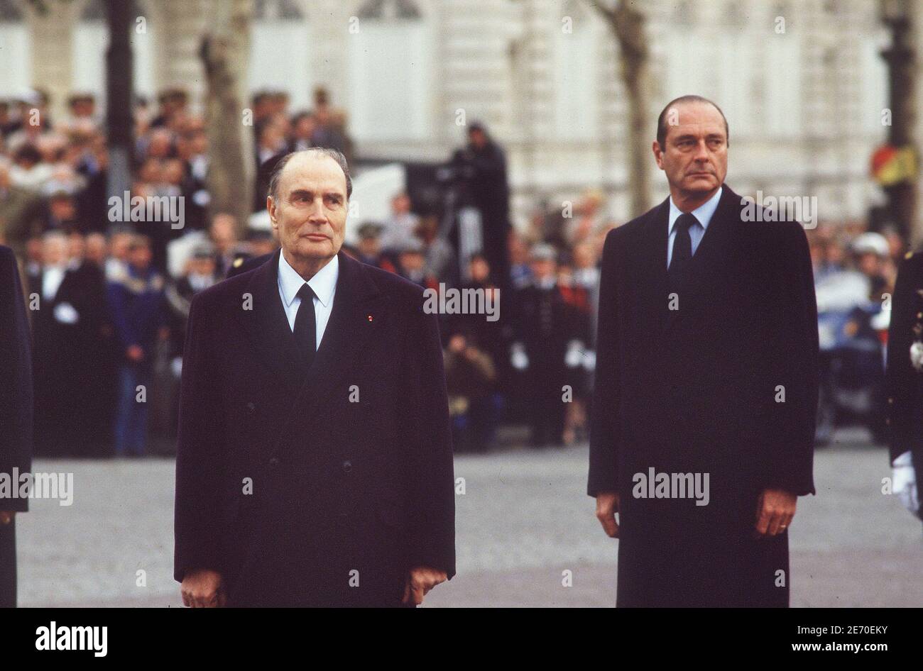 Francois Mitterrand and Jacques Chirac attend the Armistice Day ...