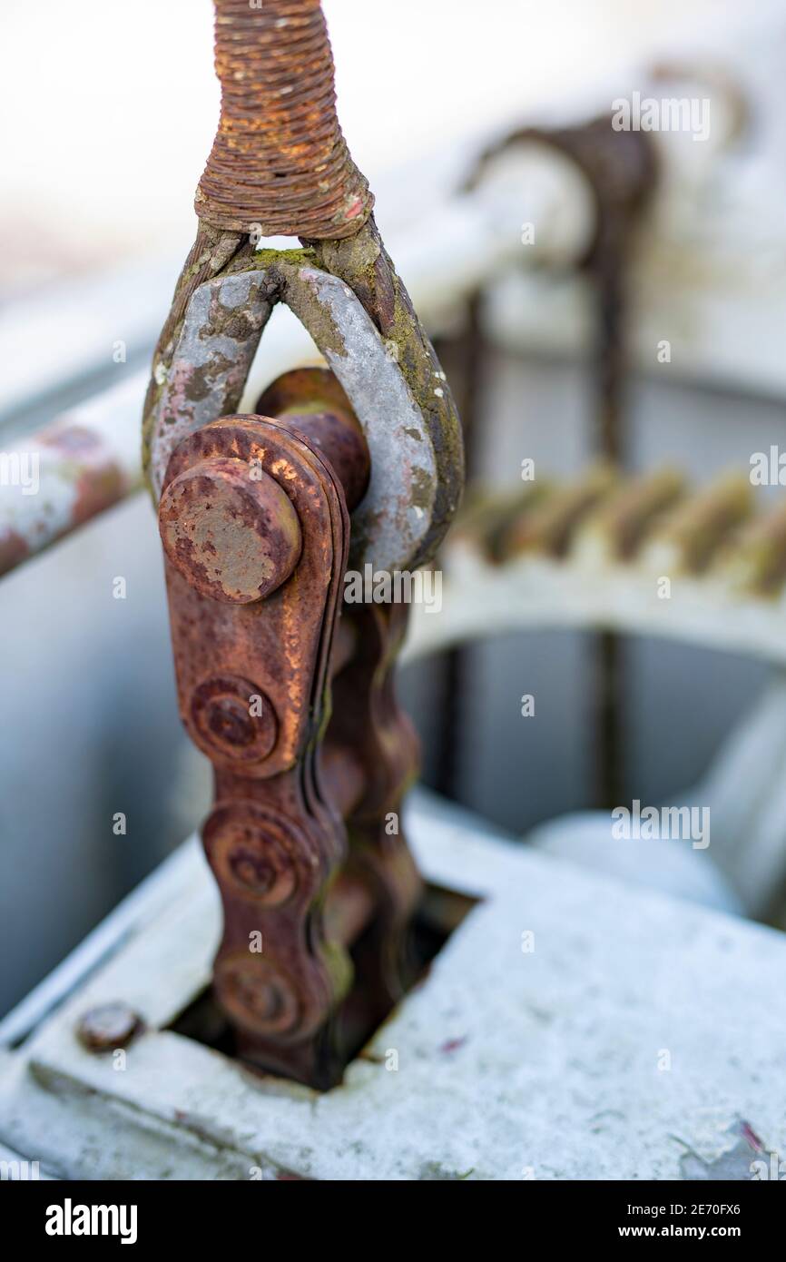 Large chain for lifting the dam. Steel structure in the dam. Light ...